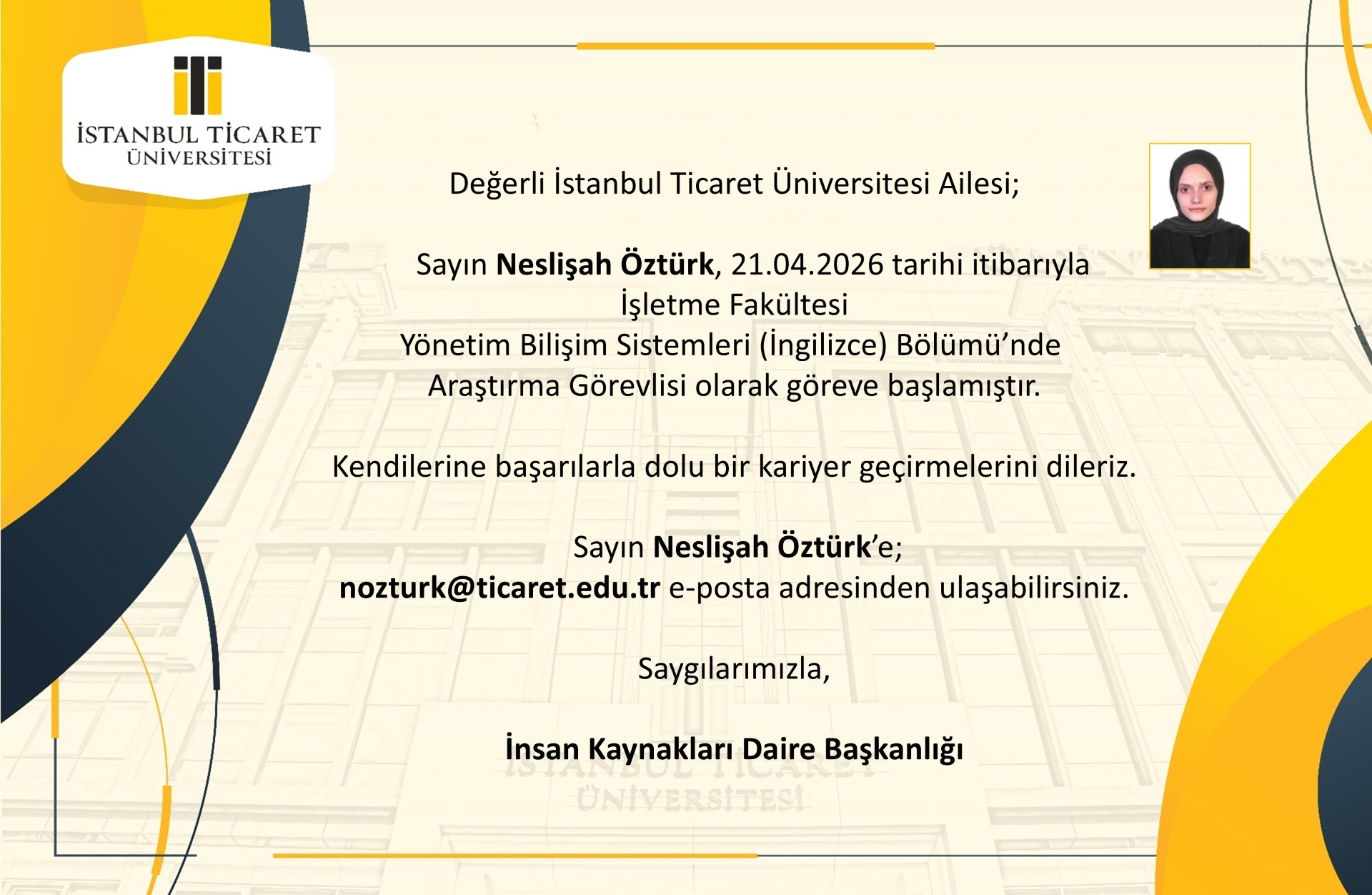 New Research Assistant Neslişah Öztürk Has Started Her Duties ...